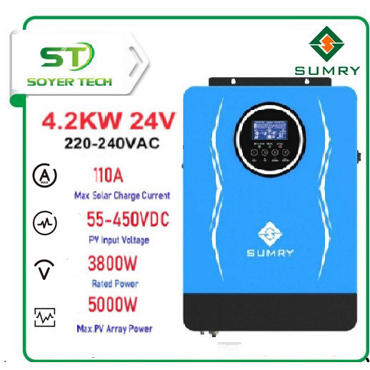 SUMRY Hybrid Inverter 24v 4200VA/3800W - 80A MPPT PV 55V-450V- Biến tần năng lượng sóng sin ...