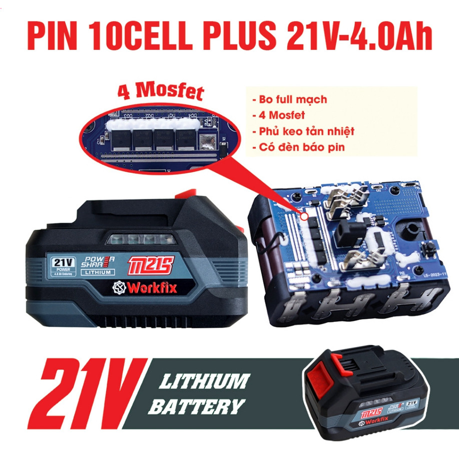 Pin 10 cell WORKFIX 4Ah VỎ CHỐNG RUNG MÀU XÁM , DÒNG XẢ CAO chân pin ...