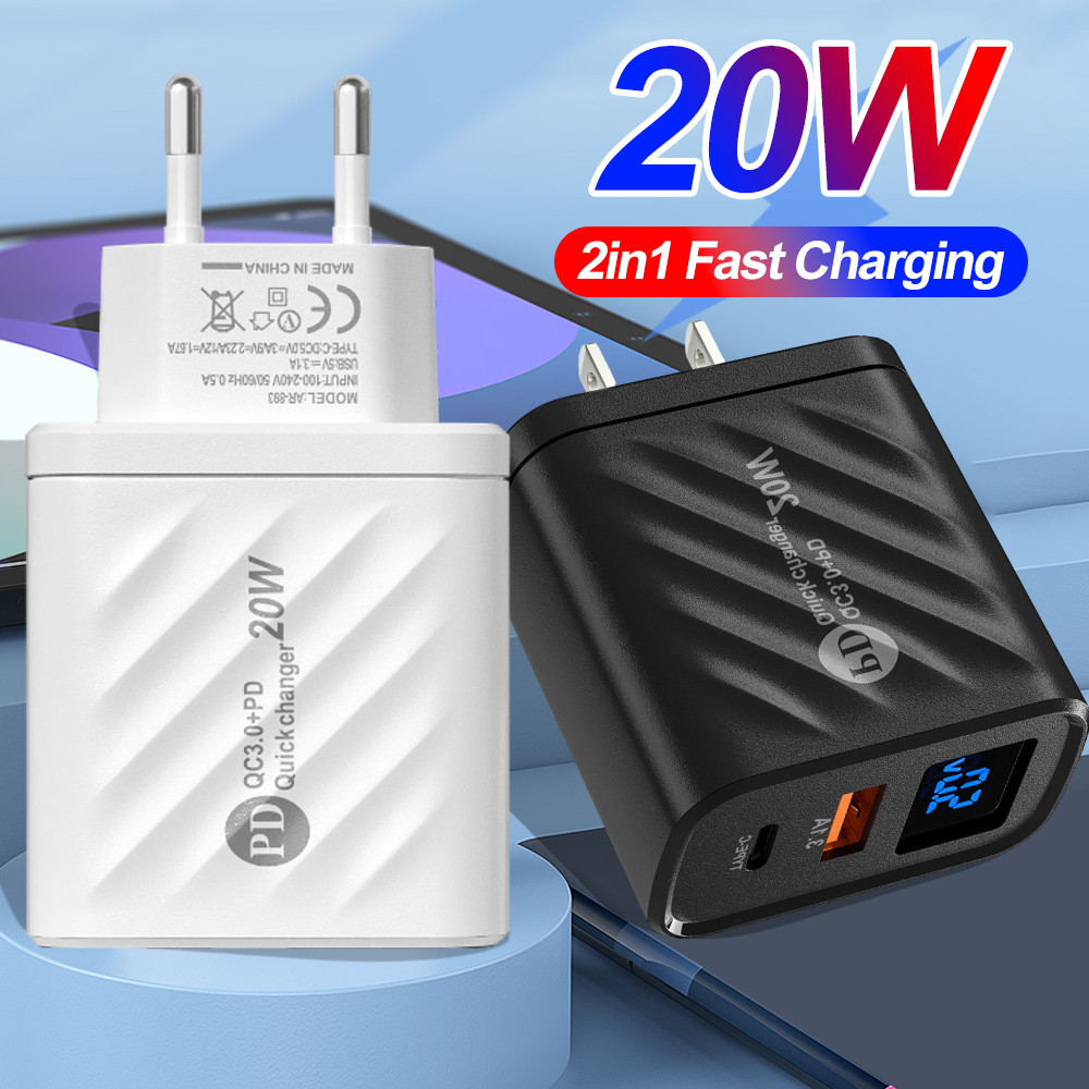 Bộ chuyển đổi nguồn 20W PD + QC3.0 - Khối sạc màn hình hiển thị kỹ thuật số - Bộ sạc tường 2 ...