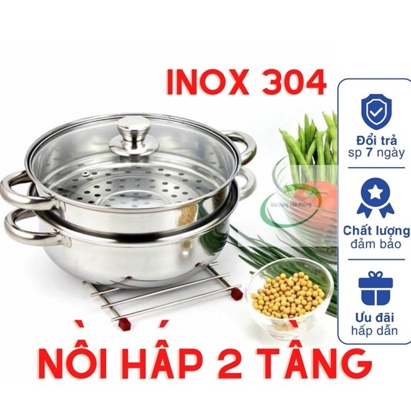 Nồi hấp inox 2 tầng, Xửng Hấp 2 Tầng đa năng 28cm, cao cấp nắp kính ...