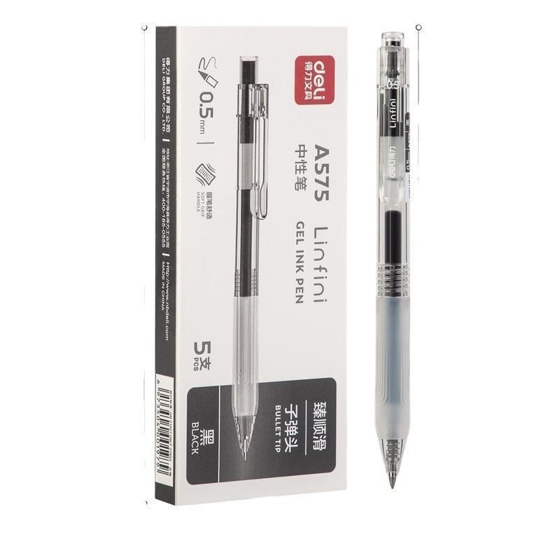 Bộ 5 bút bi gel Deli A575 ngòi 0.5mm có ruột refill S221 chính gốc mực đen tiện lợi dễ dàng sử ...