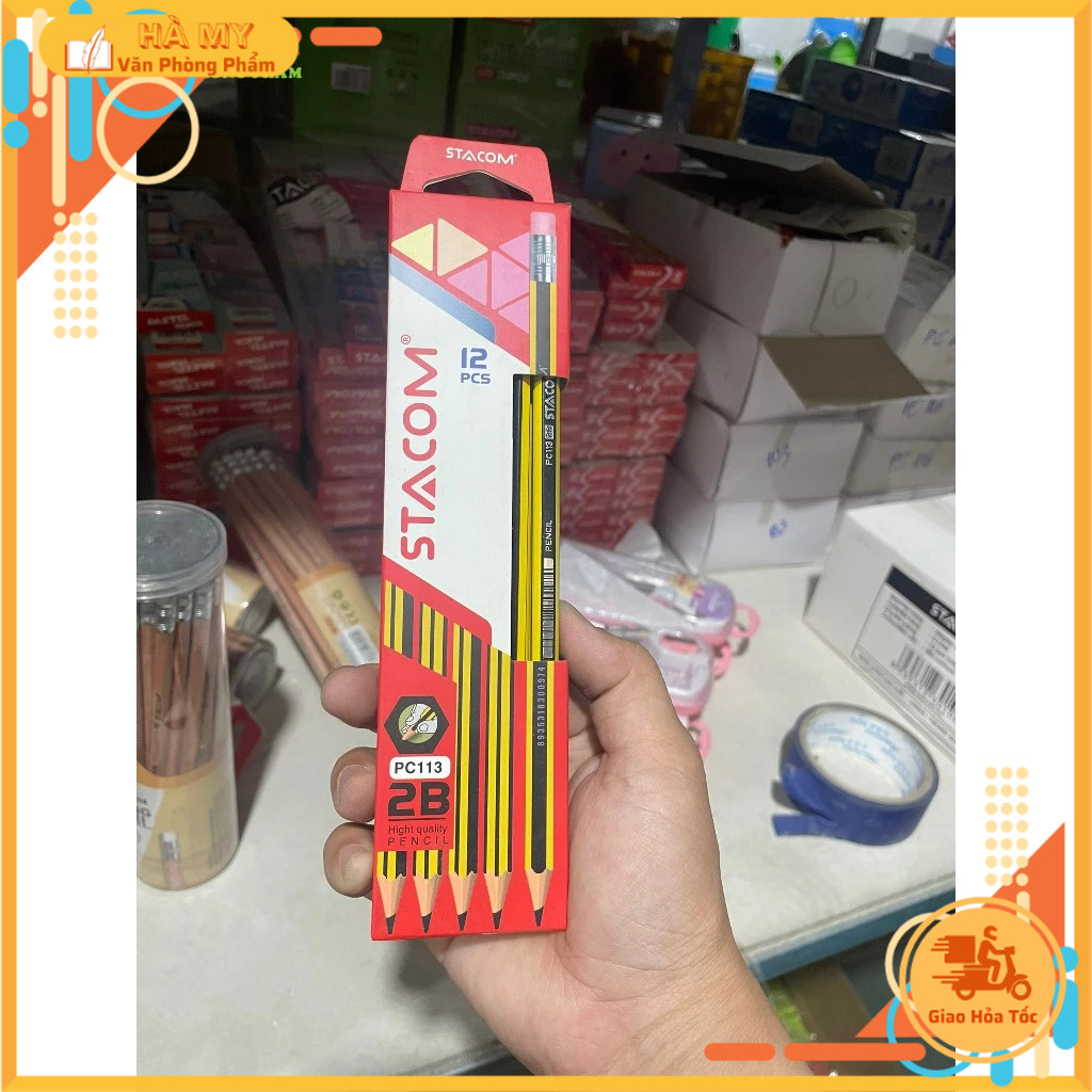 (Hộp 12 Cây) Bút chì gỗ thân vàng sọc đen 2B (có gôm) Stacom PC113 | Shopee Việt Nam