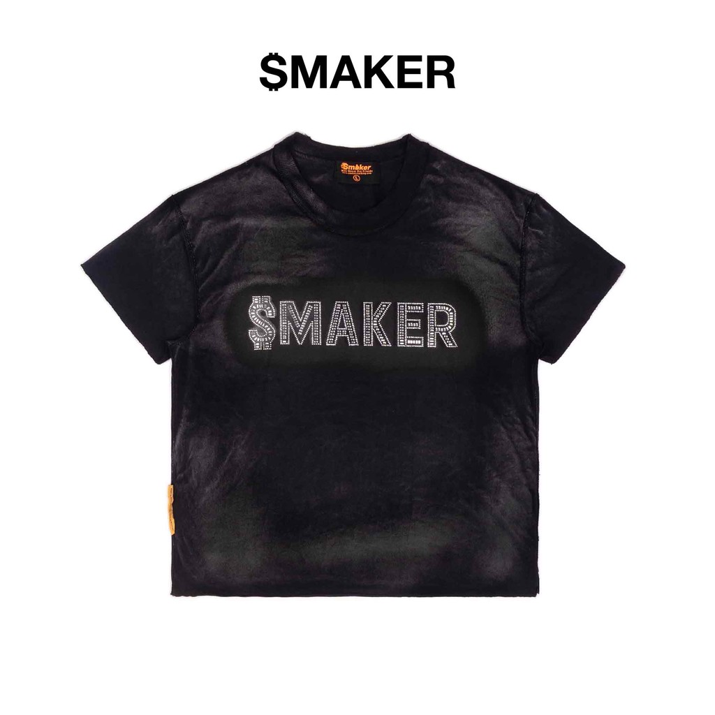 [SMAKER] Áo thun 100% cotton washed unisex màu đen đính đá màu đen ...