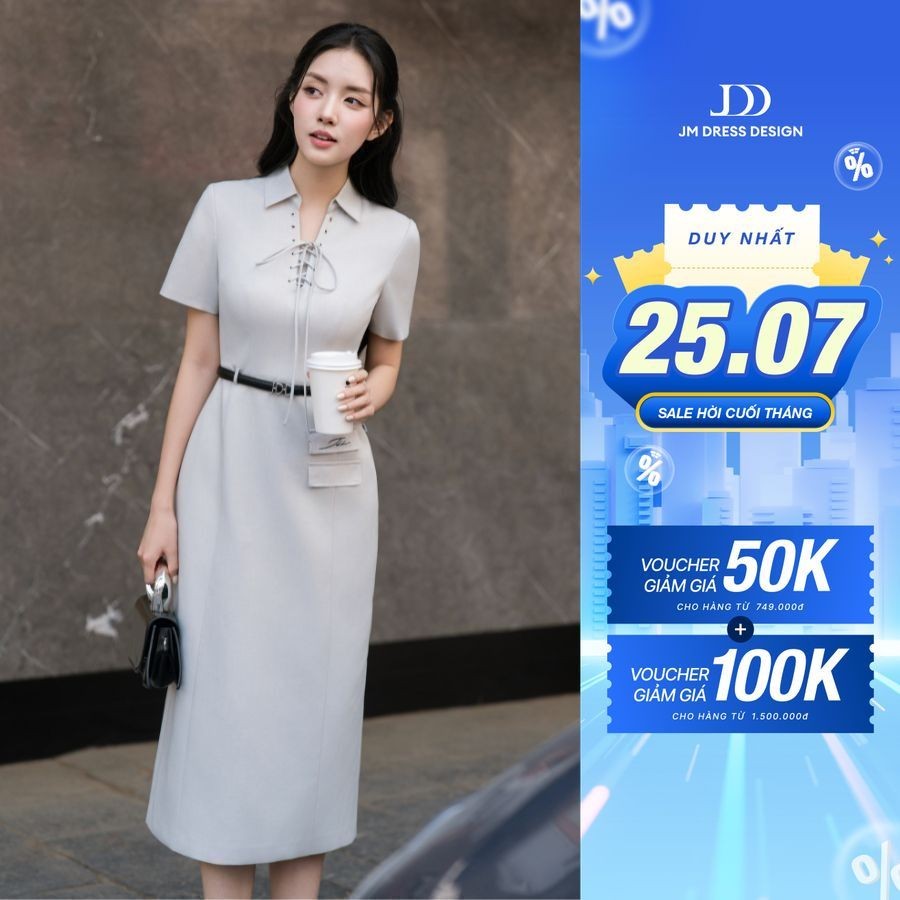 Đầm cổ nam đan dây dáng dài 1S32.2504K, váy cổ sơ mi dáng dài qua gối ...