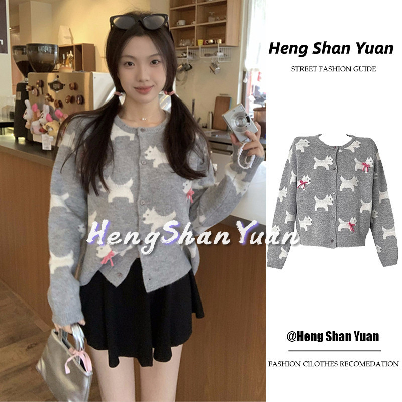 Heng Shan Yuan Áo len nữ chó con ba chiều jacquard áo len cổ tròn đơn ngực ngọt ngào áo len ...