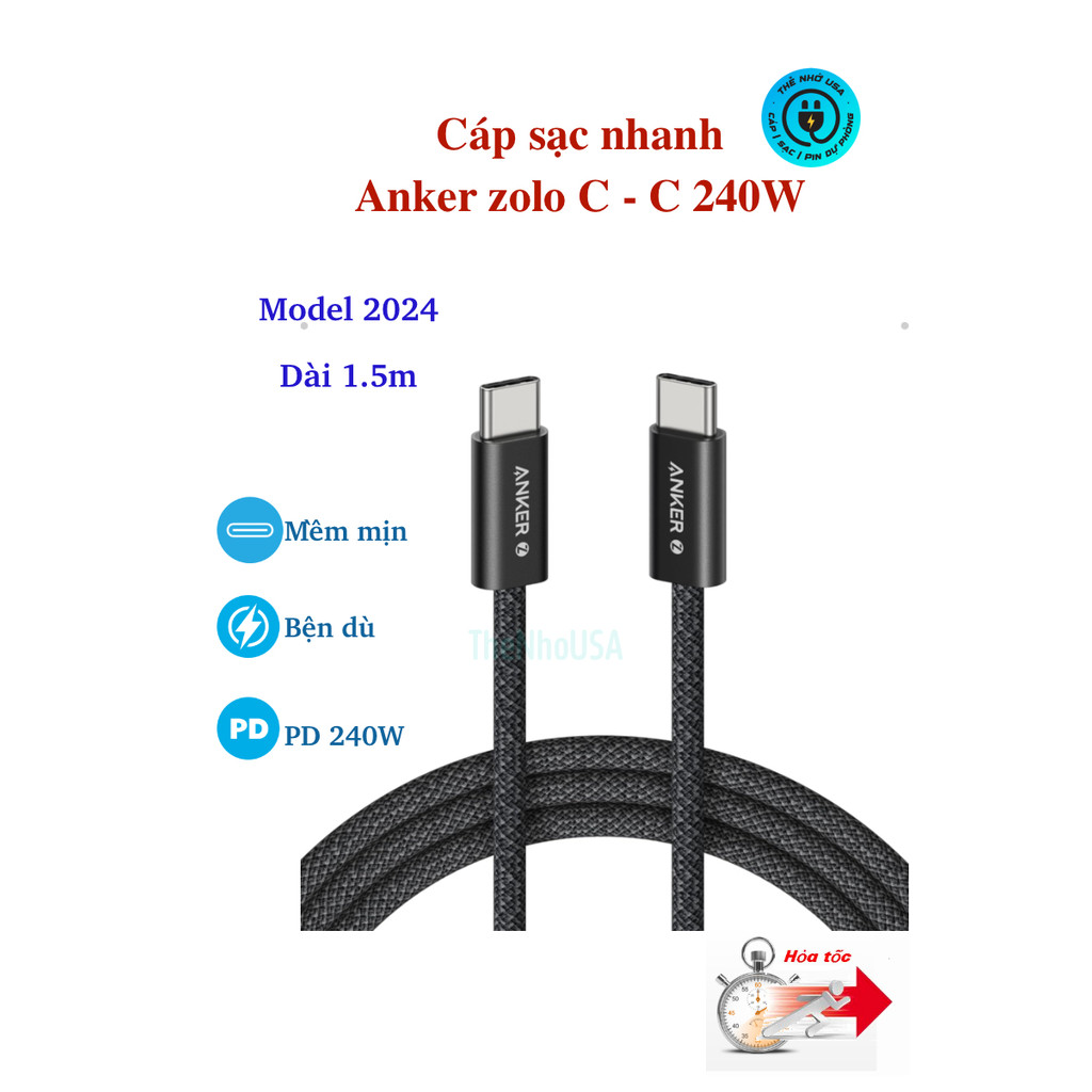 Cáp sạc nhanh Anker Zolo USB C to C 240W dây dù mềm mịn A8060 dài 1m5 | Shopee Việt Nam