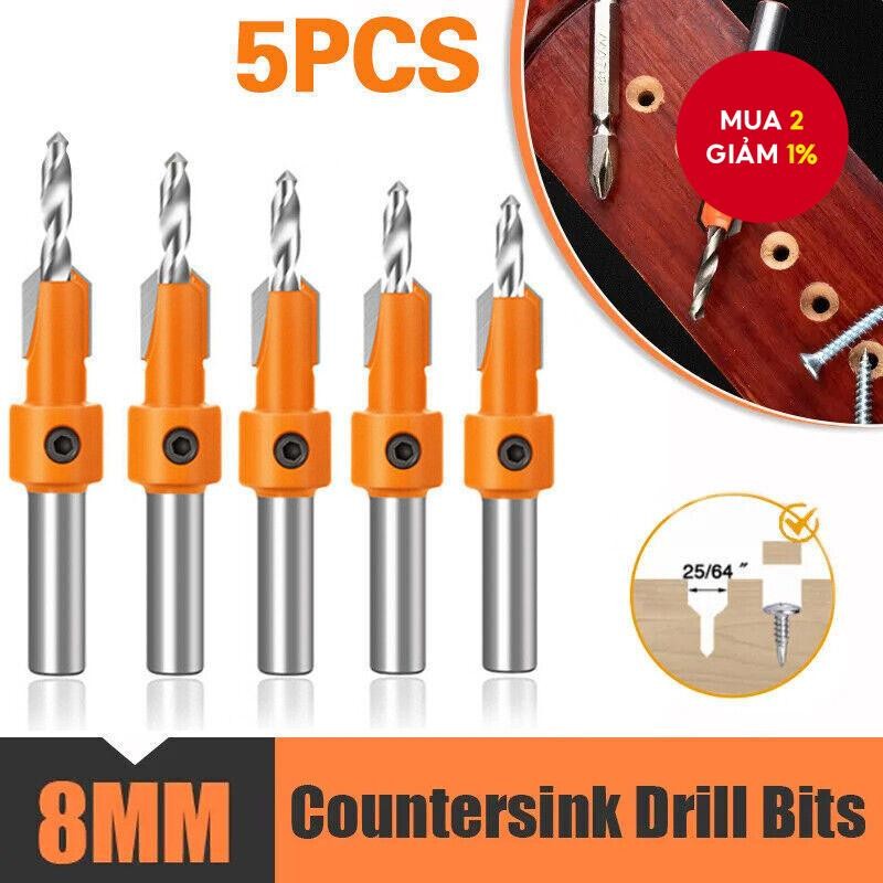 Bộ đếm chế biến gỗ HSS 5 lỗ 8mm Mũi khoan phi công Mũi khoan lục giác vít chính xác dành cho ...