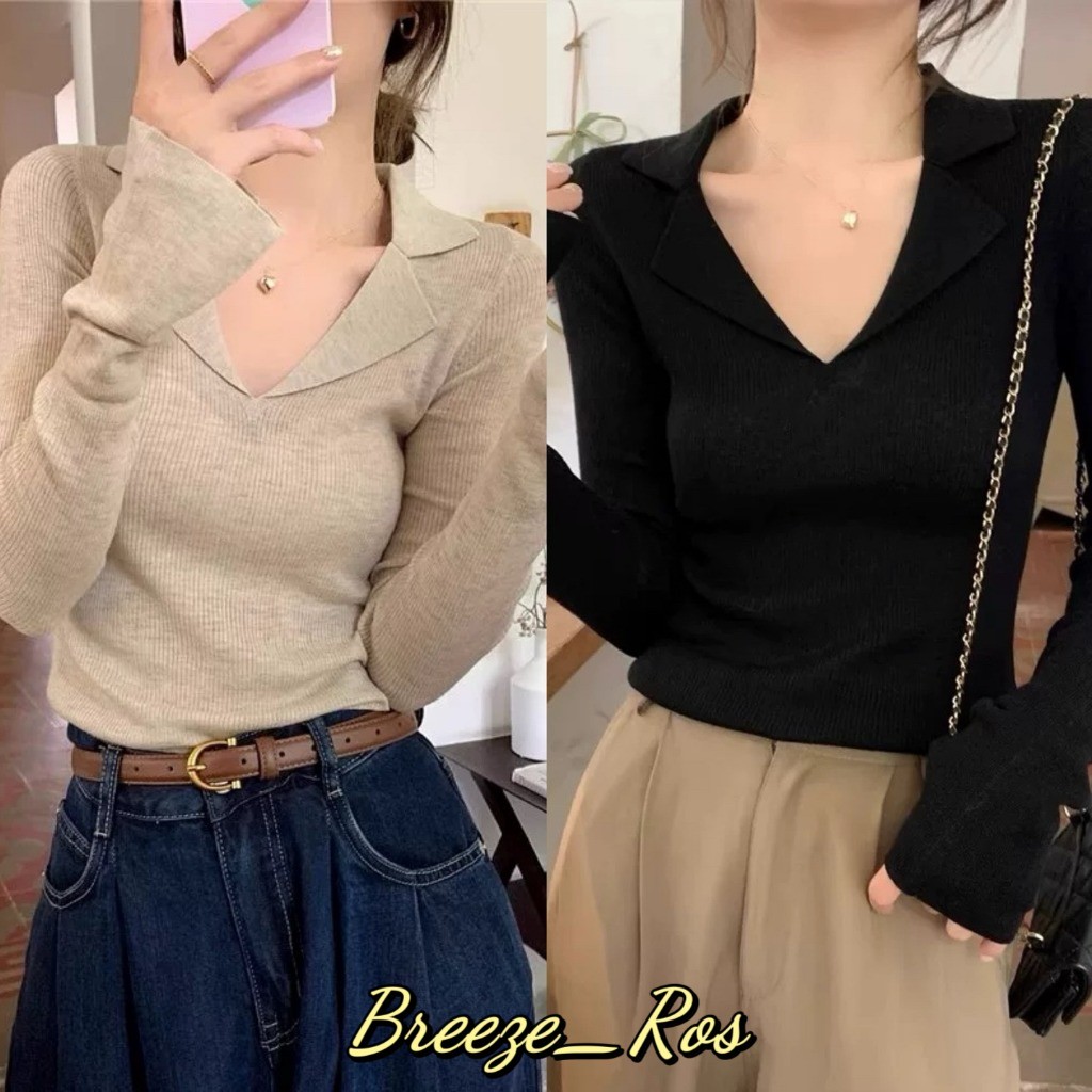 Breeze_Ros Áo Len Dệt Kim Cổ Polo Nữ Tay Dài Dáng Ôm Vừa Vặn Phong Cách ...
