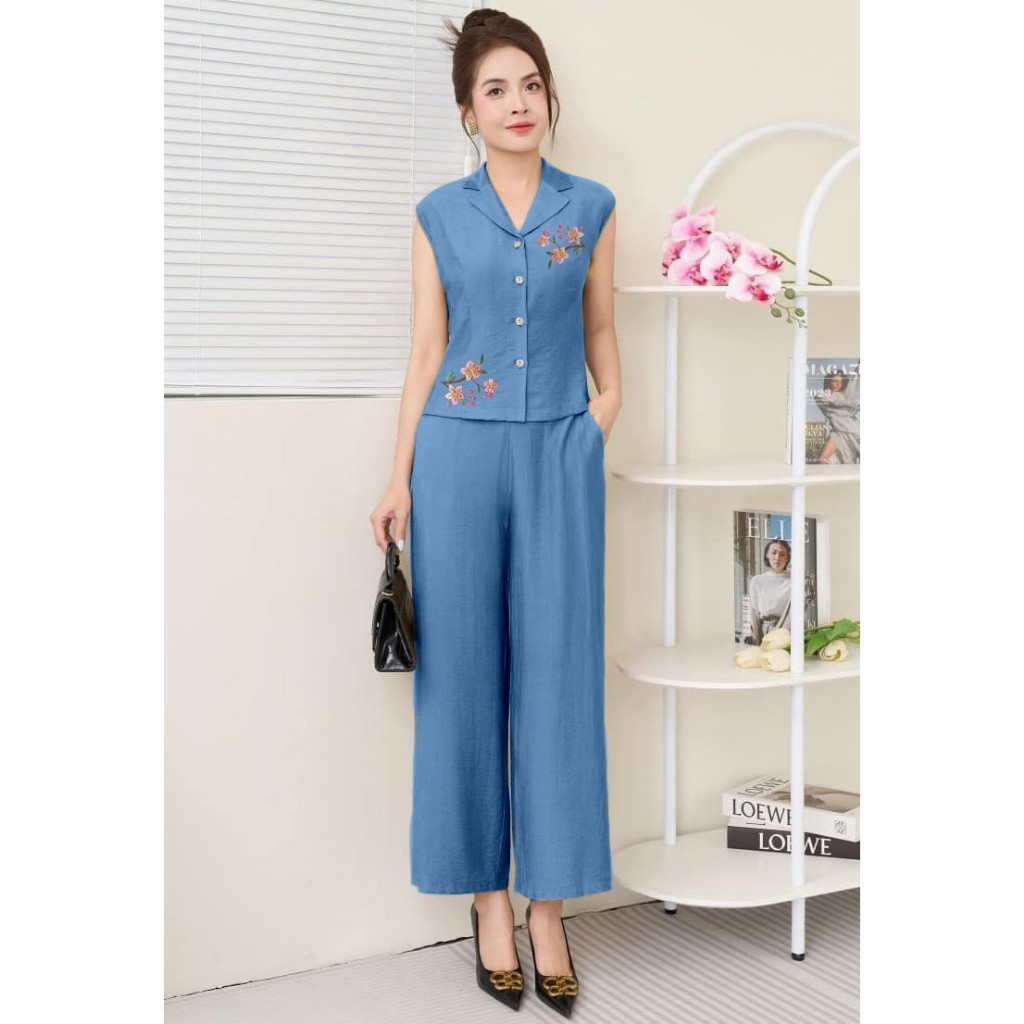 Set Bộ Nữ Mặc Nhà, Chất Đũi, Bộ Trung Niên, Áo Xát Nách, Quần Dài, 3 ...