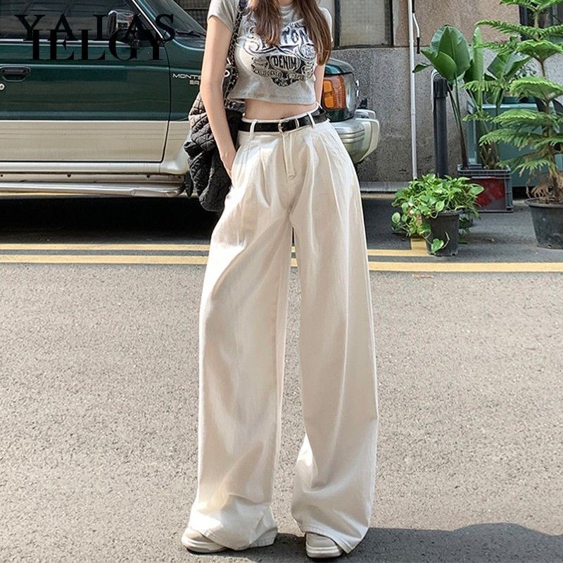 IELGY Quần jean ống rộng màu trắng dáng rộng eo cao xếp nếp quần thẳng ...