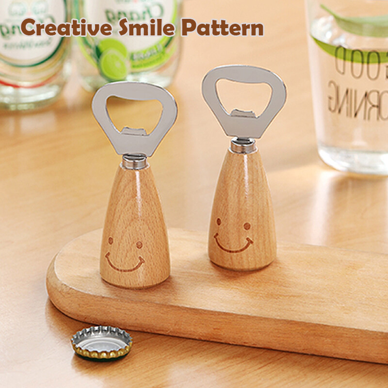 Bottle Opener Wooden Handle Smiling Face Stainless Steel Can Openers ...