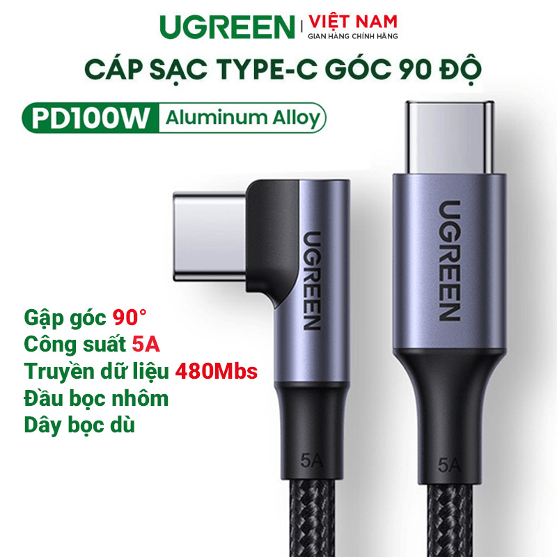 Cáp sạc nhanh USB typeC gập góc UGREEN 100W 60W 5A USB Type C to C PD gập 90 độ 1m 2m 3m C-C ...