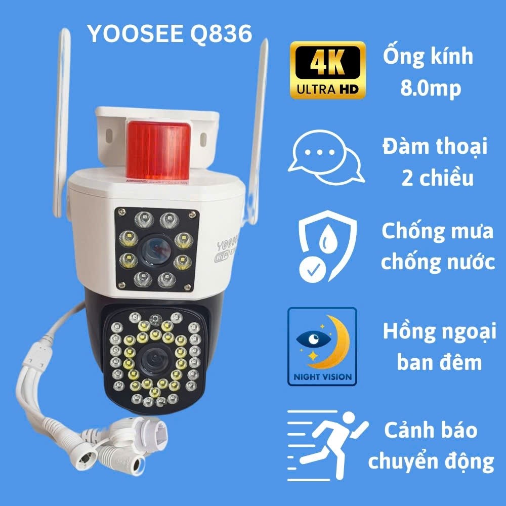 Camera Yoosee 2 Mắt Q836 - chuẩn 4K siêu nét - xem đêm có màu - xoay ...