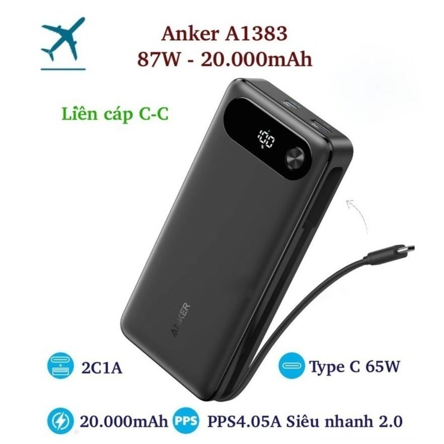 Pin sạc dự phòng Anker A1383 87W 20000mAh 2 cổng 2C1A cáp Type C 65W PD ...