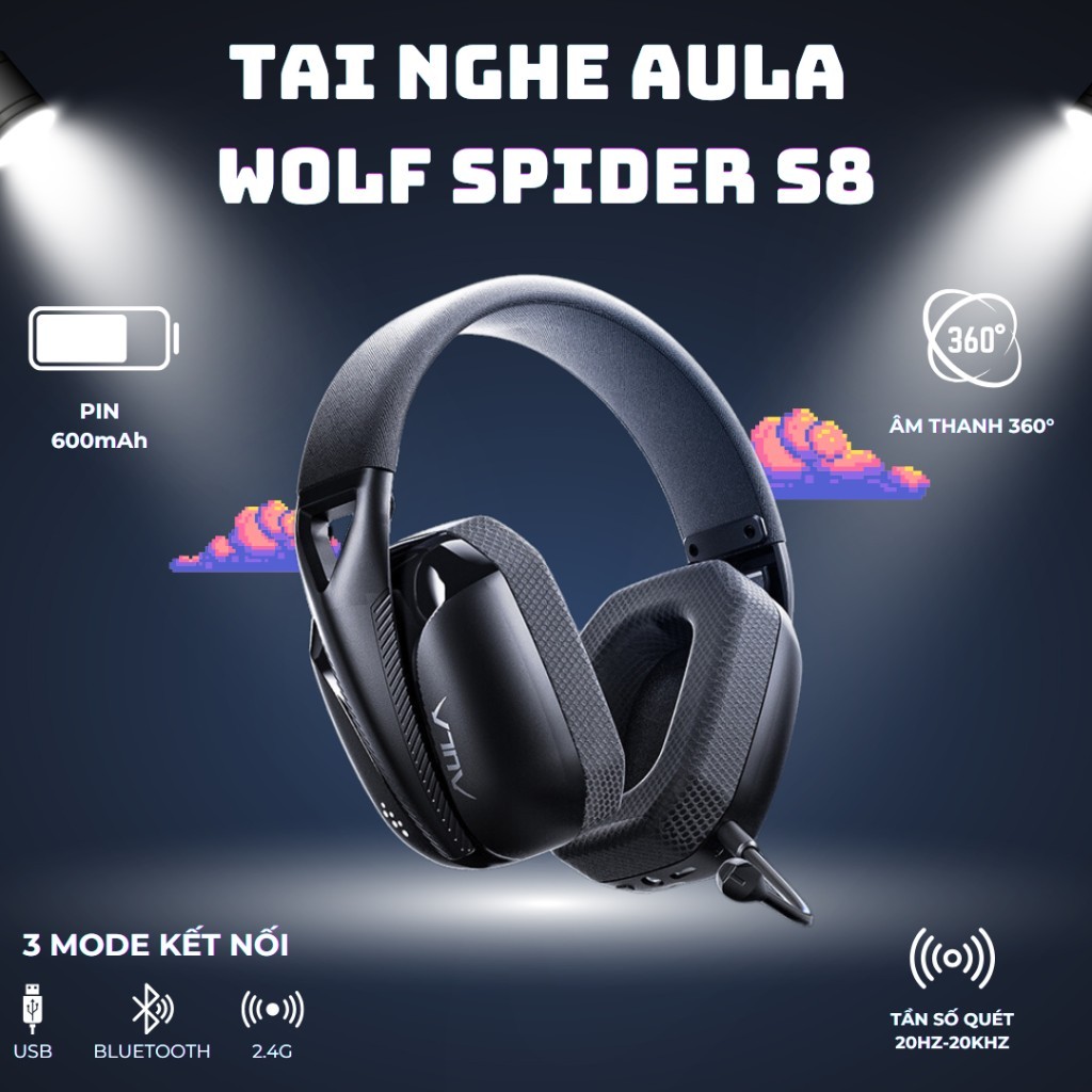 Tai nghe Gaming không dây AULA S8- Wolf Spider- Âm thanh 3D- Hỗ trợ đàm ...