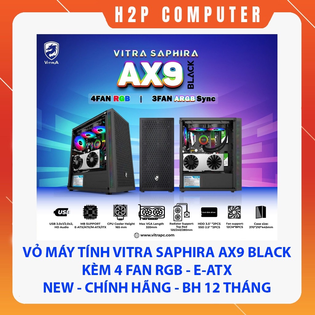 VỎ MÁY TÍNH VITRA SAPHIRA AX9 BLACK KÈM 4 FAN RGB - Fom E-ATX - New ...