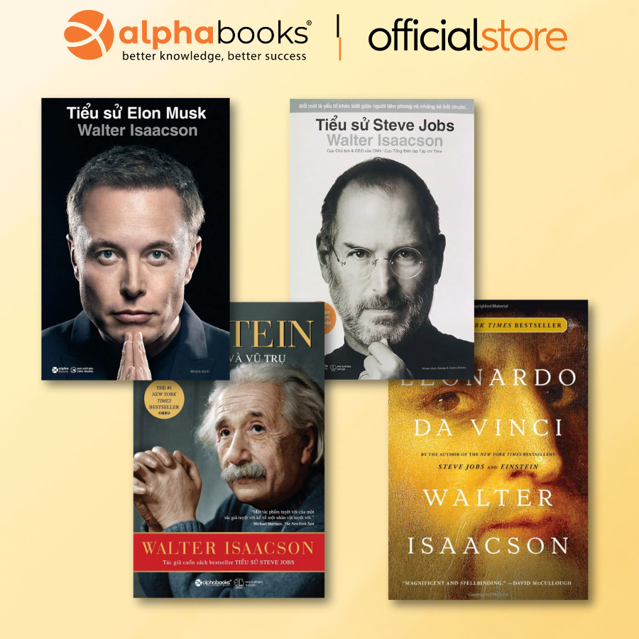 Combo 4 cuốn sách Tiểu sử của tác giả Walter Isaacson: Elon Musk, Steve Jobs, Einstein, Leonardo ...