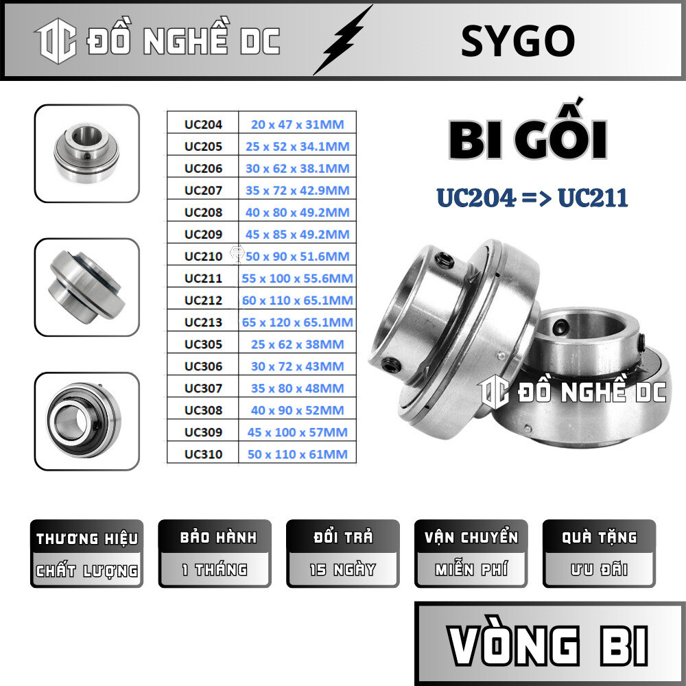 Vòng bi gối đỡ UC, Vòng bi ,bạc đạn, ổ bi SYGO UKB UC204, UC205, UC206, UC207, UC208, UC209 ...