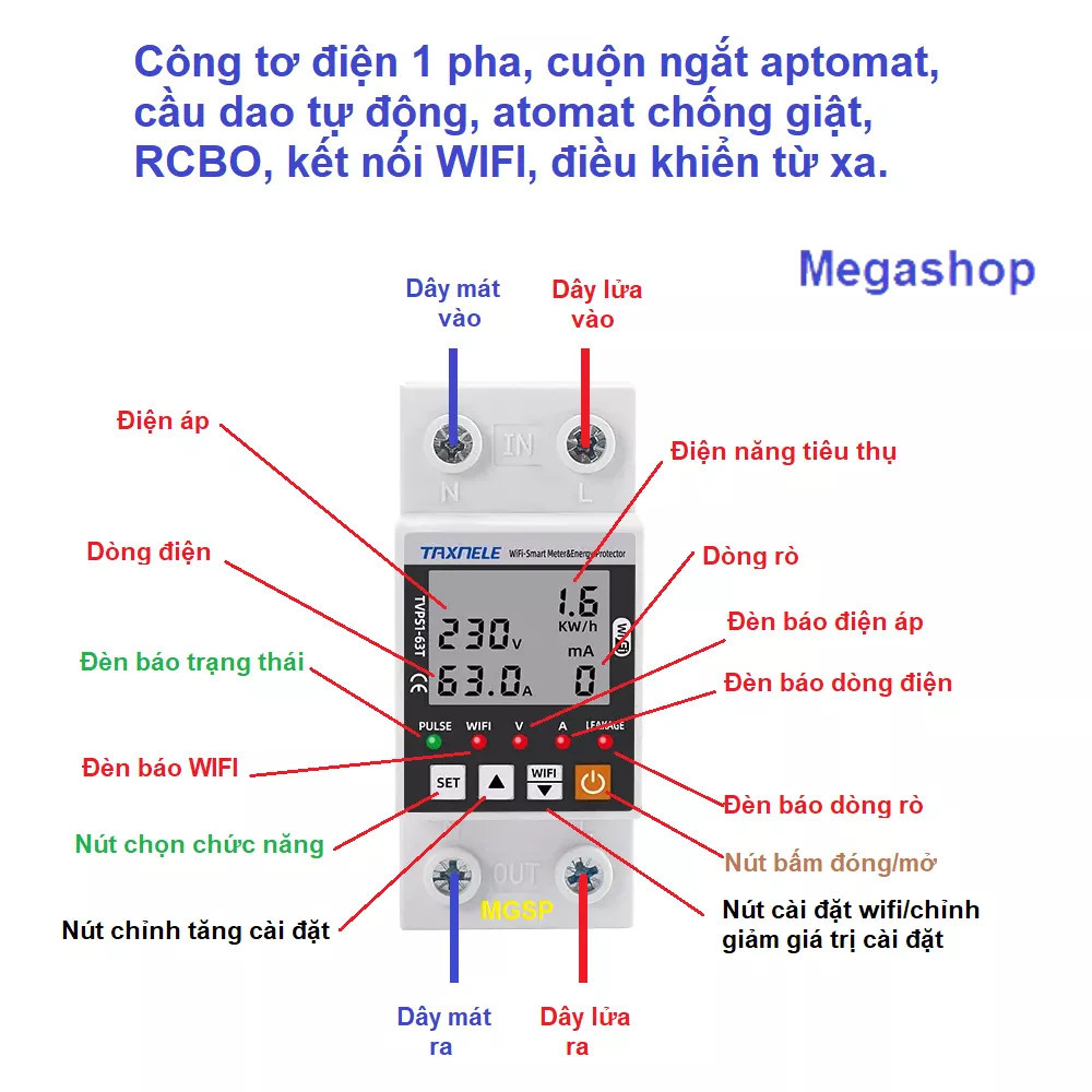 Công tơ điện một pha, cuộn ngắt aptomat, cầu dao tự động, atomat chống ...