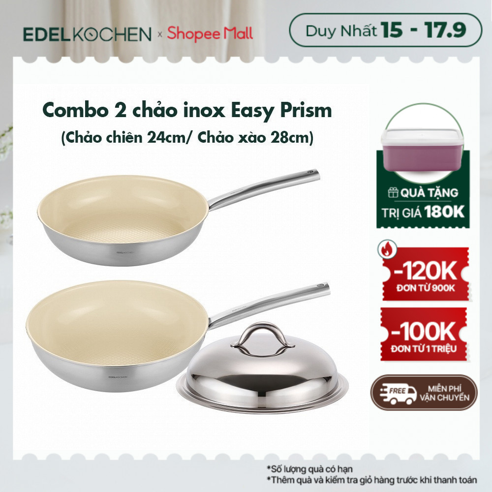 Combo 2 chảo inox Edelkochen Easy Prism - Màu Soy Milk (Chảo chiên 24cm ...
