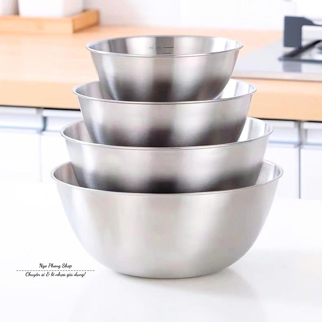 (Combo 4 cái) Thau Inox trộn salad cao cấp - Size 16/19/22/25cm - Thau có vạch chia dung tích ...