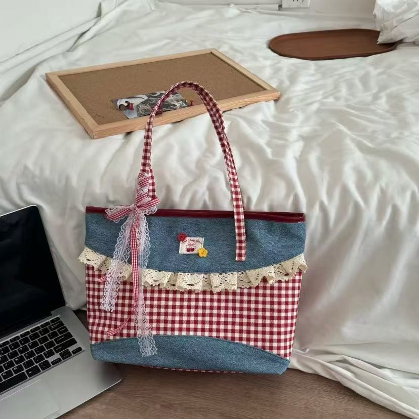 Phong cách Hàn Quốc ins Denim Túi Tote có giá trị cao Túi đi làm kẻ sọc ...