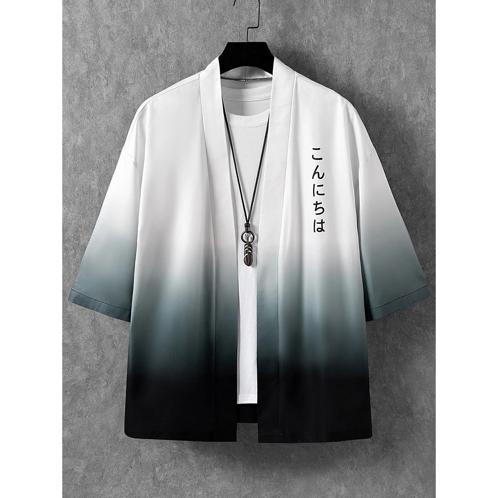 Thời trang mùa hè Haori Kimono, Áo thun nam màu đen trắng Gradient in hình Nhật Bản, Yukata dáng ...
