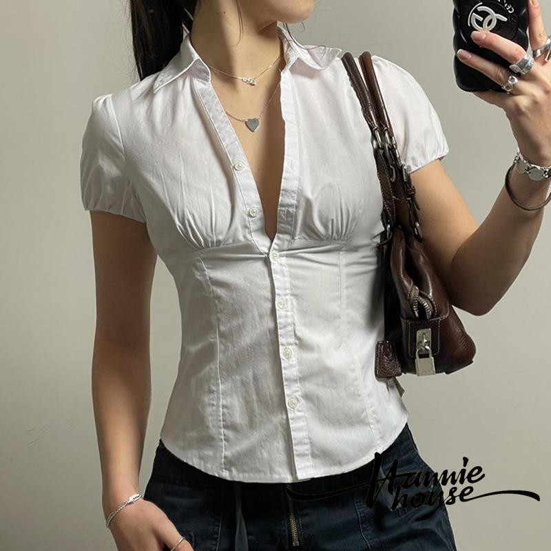 Hannie House- Áo sơ mi nữ tay ngắn cổ áo màu trơn vừa vặn | Shopee Việt Nam
