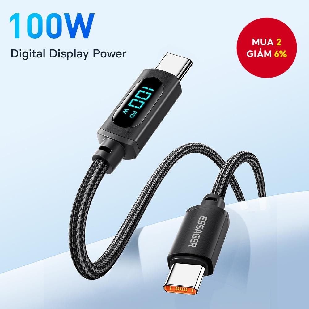Cáp Type C sang Type C New Essager 5A 100W với màn hình kỹ thuật số, cáp sạc nhanh QC PD USB-C ...