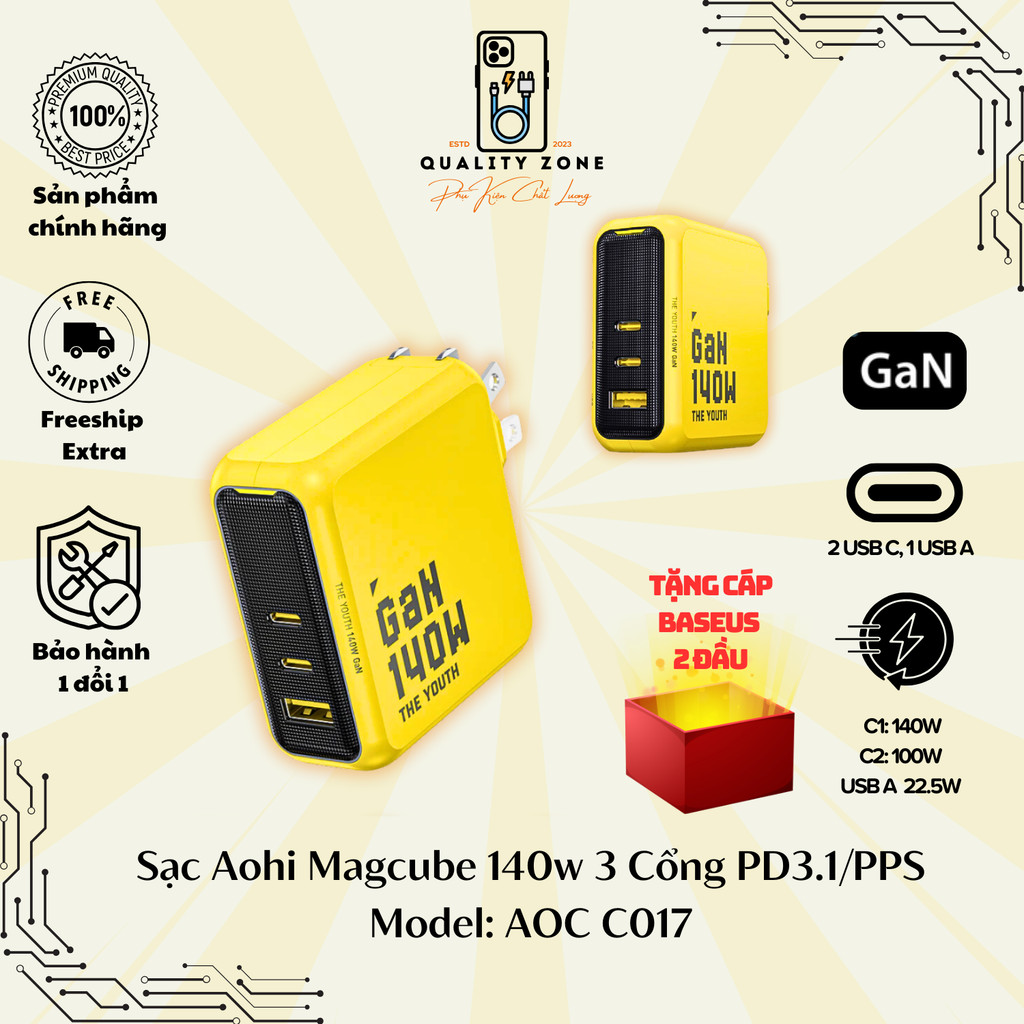 Sạc nhanh 140W Aohi Magcube 140W 3 Cổng PD3.1/PPS/IQ4+| Model AOC C017| Báo hành 12 tháng ...