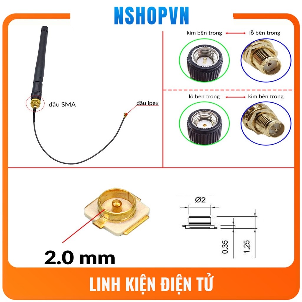 Dây chuyển đổi IPEX 1 U.FL sang SMA 4 chân 10cm, cable anten IPX ...