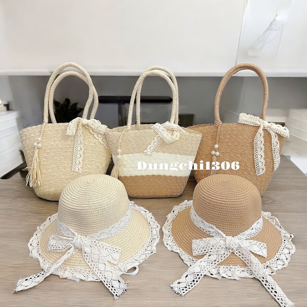 Set túi mũ cói tua rua mix ngọc nơ ren đi biển đi chơi đều xinh ...