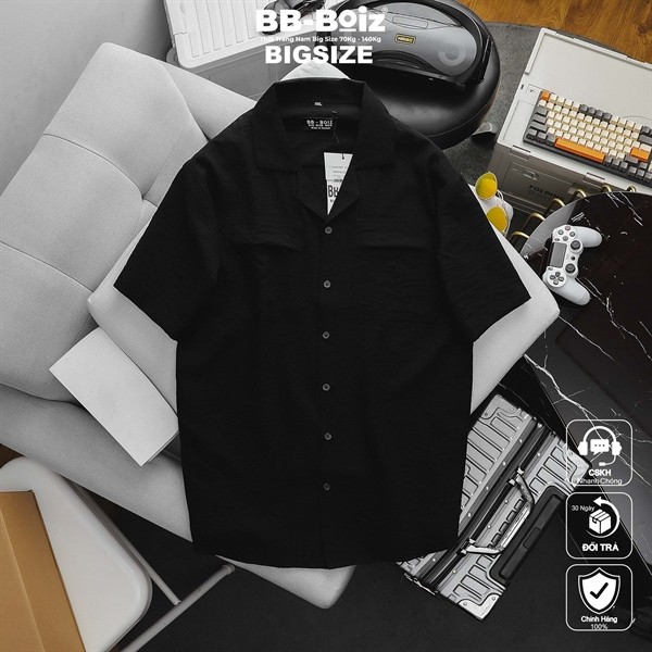 [BigSize] ÁO SƠ MI TAY NGẮN NAM BB-BOIZ Form BigSize 80kg - 135kg | Đũi 2 Túi Màu Đen cổ Đăng ...