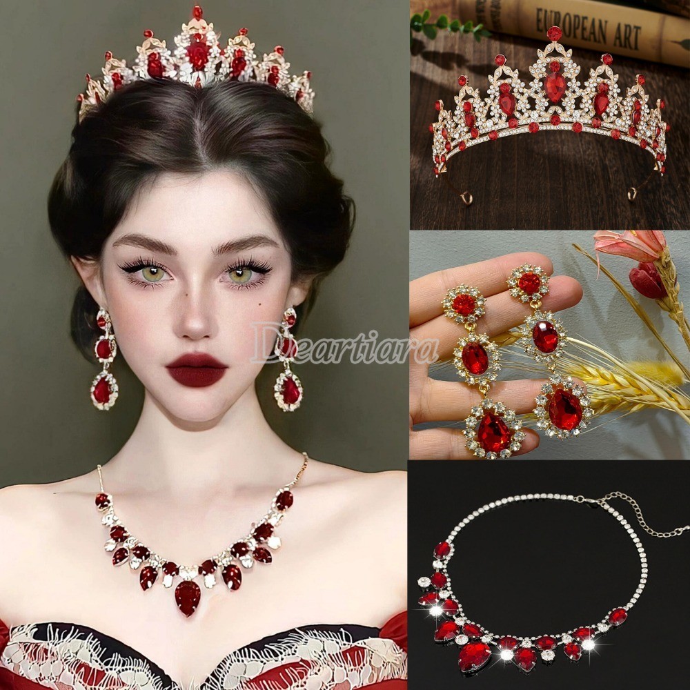 Thời Trang Retro Vương Miện Đỏ Bông Tai Vòng Cổ Bộ Cô Dâu Vương Miện ...