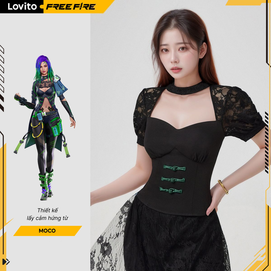 Lovito x Free Fire MOCO Áo thun ren trơn thông thường dành cho nữ LFFB1008 | Shopee Việt Nam