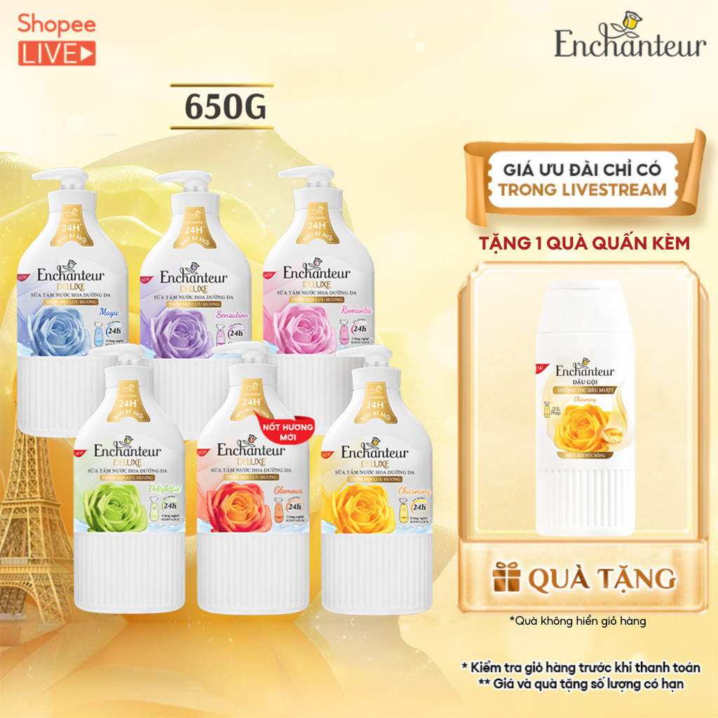 [Tặng Dầu gội 150g] Dầu gội dưỡng tóc / Sữa tắm nước hoa dưỡng da Enchanteur thơm mịn 650g (5 ...