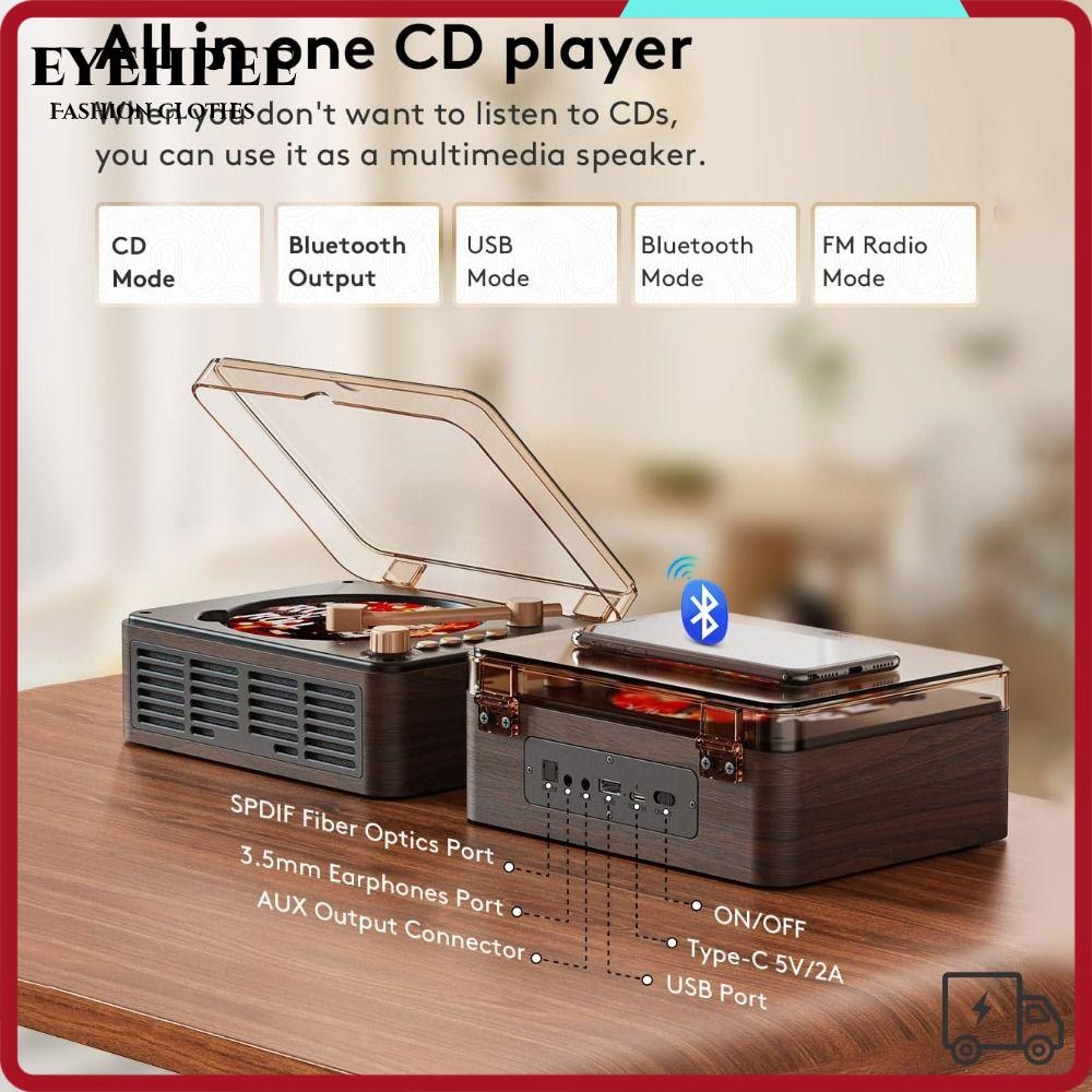 Máy nghe nhạc CD gỗ EYEHPEE, Máy nghe nhạc có dây Bass Boost, Máy phát Bluetooth hoài cổ Điều ...