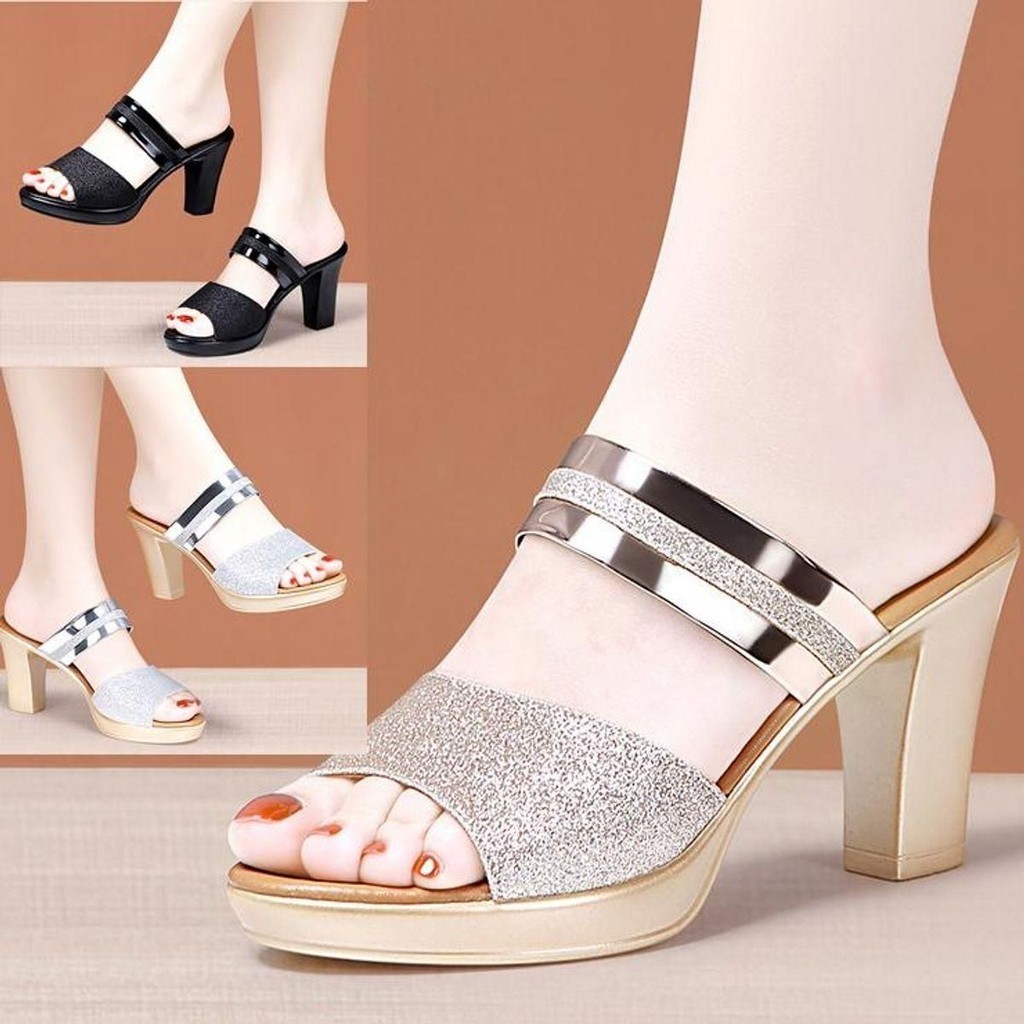 Giày cao gót phối kim tuyến 2 màu vàng bạċ quai ngang - CG641 Nữ DéP Cao Su Shoes | Shopee Việt Nam