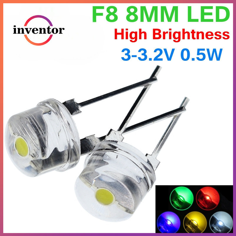 10 Chiếc MỚI F8 8mm 0.5W 3.0-3.2V Mũ Rơm LED Trắng Siêu Sáng Đèn LED ...