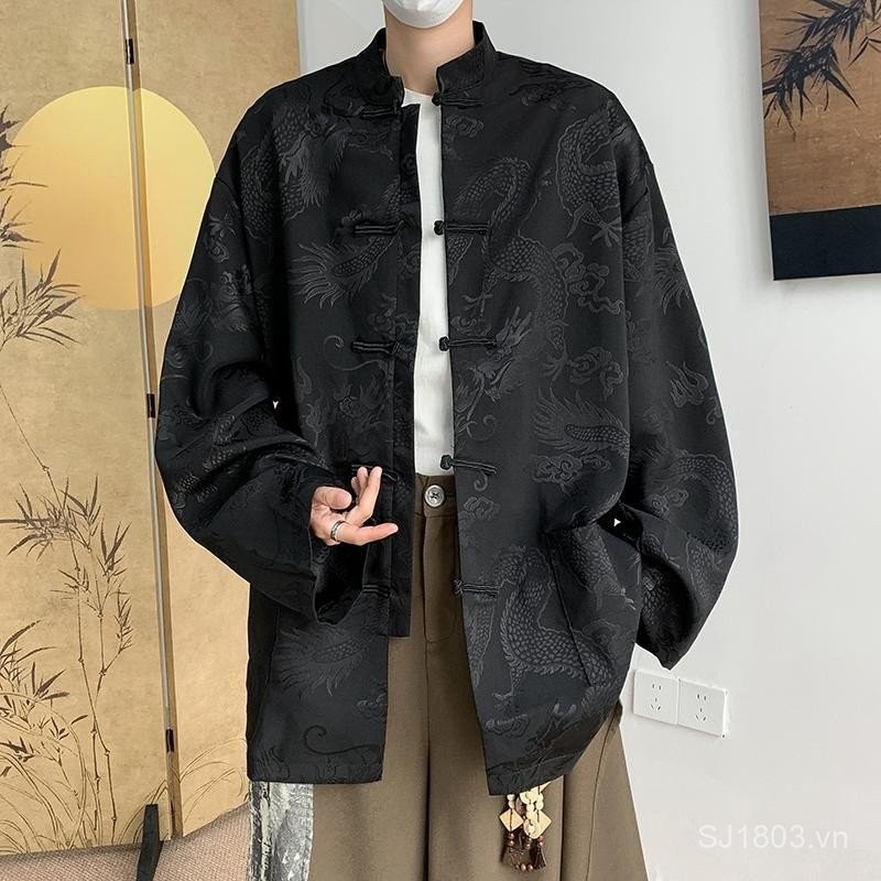 Dark Dragon Hanfu Shirt Shirt Long Sleeve Tang Suit Coat New Chinese ...