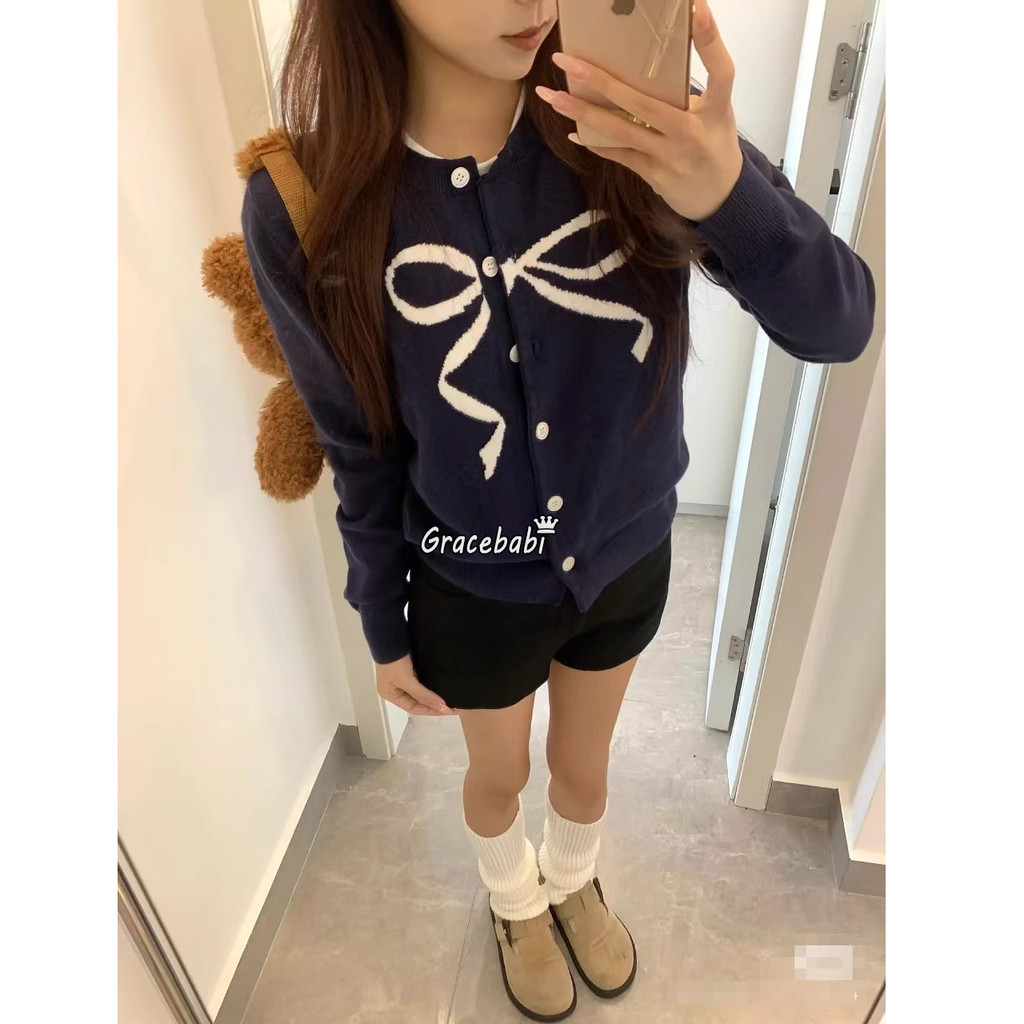 GRacebabi Áo len cardigan dệt kim nữ nơ ngắn áo len phong cách đại học áo len | Shopee Việt Nam