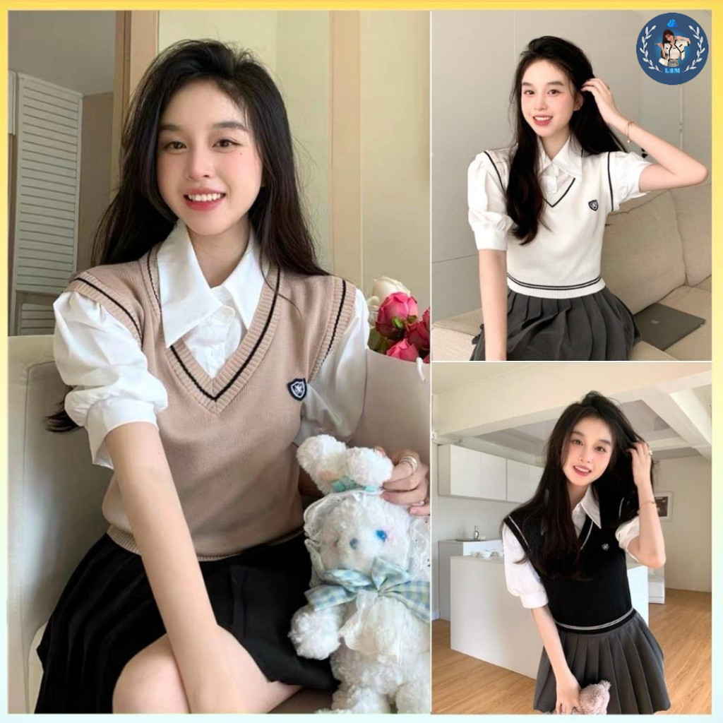 💥[A003] Áo len nữ Montoghi GILE kiểu 2 LỚP phối cổ sơ mi tay phồng dệt kim Quảng Châu xinh xắn ...