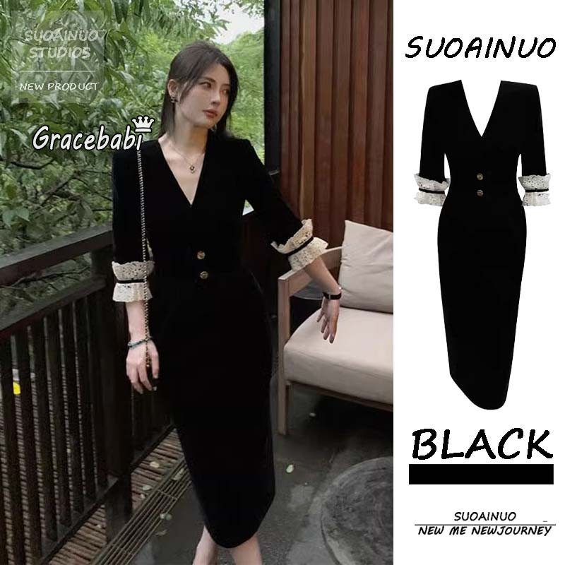 GRacebabi Phong Cách Pháp Hepburn Gió Đen Nhung Đầm Cao Cấp Cảm Giác Eo Đen Cao Cấp Giá Rẻ Sang ...