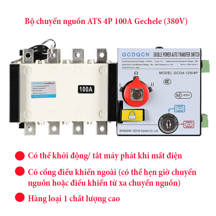 Bộ chuyển đổi 2 nguồn điện tự động ATS 3 pha 380v 100A Gechele GCQ4-125/4P, cầu dao đảo chiều tự ...