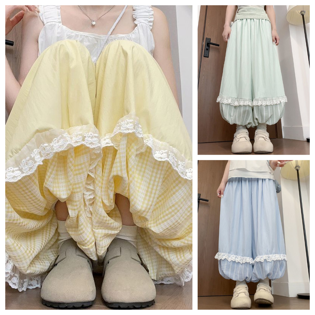 Váy culottes nữ màu vàng năm 2025 với ren bloomers eo cao và ống rộng ...