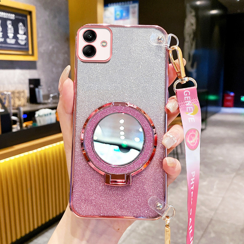 Ốp lưng cho Samsung Galaxy A06 4G 5G A05S A05 A04E A04 Giá đỡ gương tròn Bột lấp lánh có dây ...