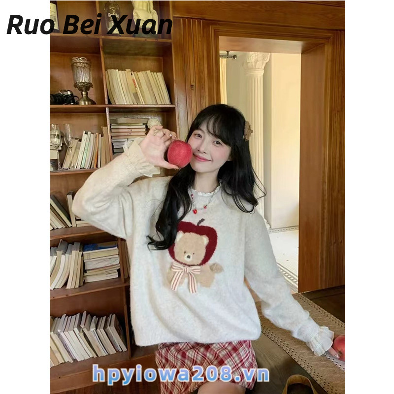Áo sơ mi nữ Ruo Bei Xuân phong cách lười biếng Áo len dệt kim cổ tròn gấu mơ ngọt ngào dịu dàng ...