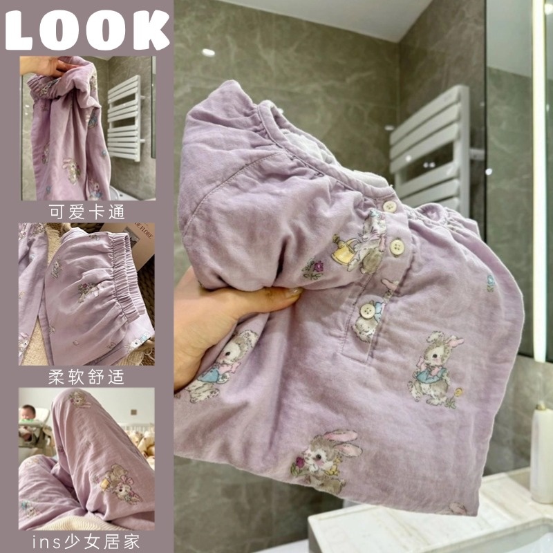 Bộ đồ ngủ thỏ dễ thương màu tím của phụ nữ mùa xuân và mùa thu quần dài ...