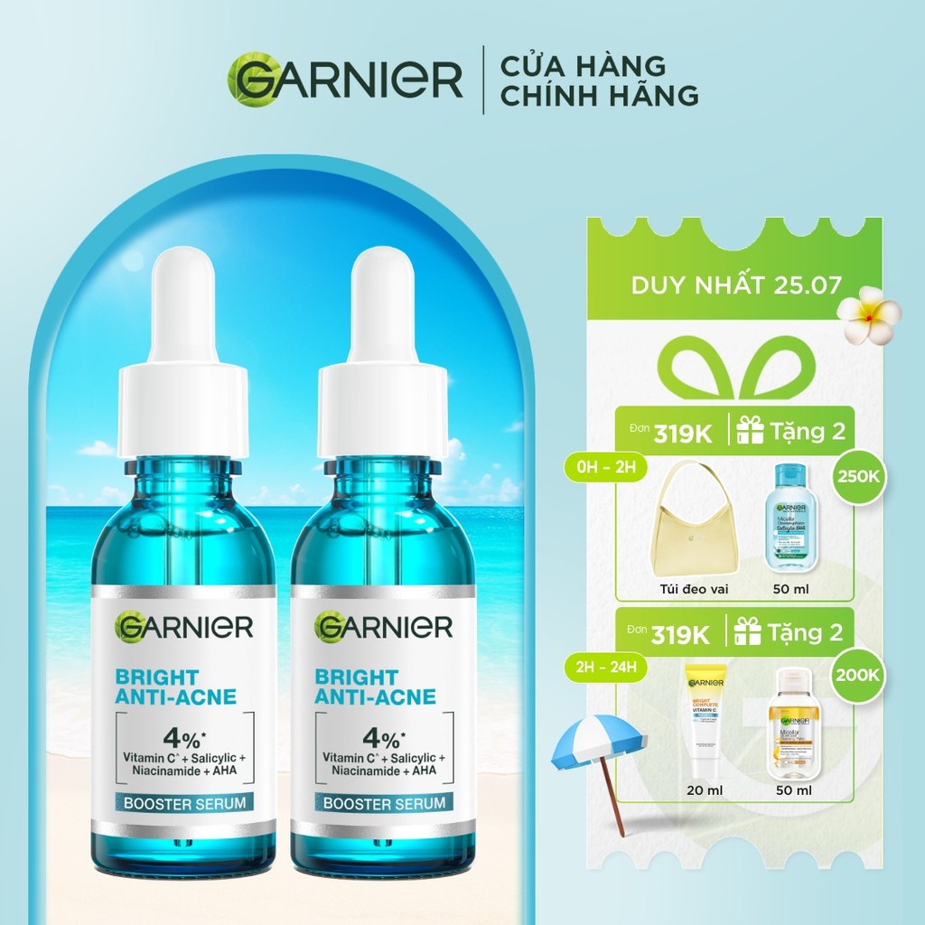 Bộ đôi dưỡng chất cho da dầu mụn Garnier Bright Complete Anti-Acne Serum 4% [Niacinamide, BHA ...