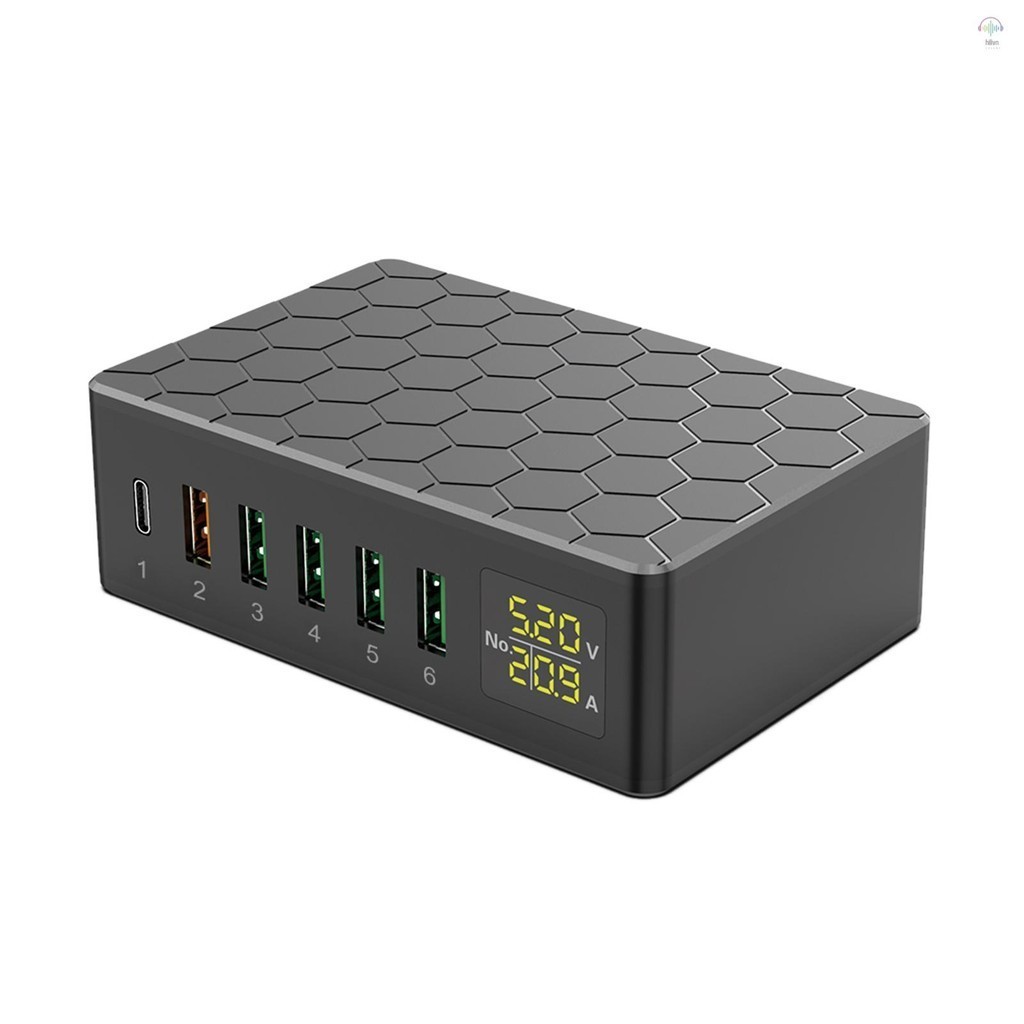 Trạm sạc USB 6 cổng 65W QC3.0 Trạm sạc USB Đa cổng USB-A Hub sạc có màn ...